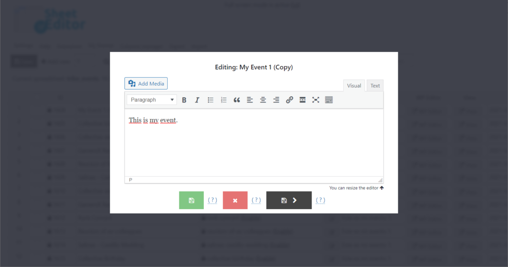 Events Spreadsheet - WP Sheet Editor