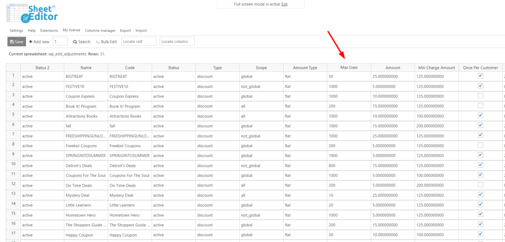 Easy Digital Downloads - How to Bulk Edit Discount Code Max Uses