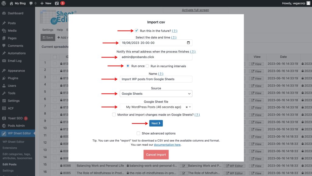 WordPress - Schedule Automatic Imports from Google Sheets - Automations