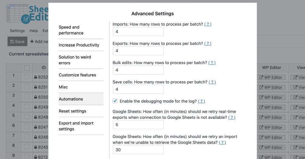 Google Sheets Sync: Advanced settings - WP Sheet Editor
