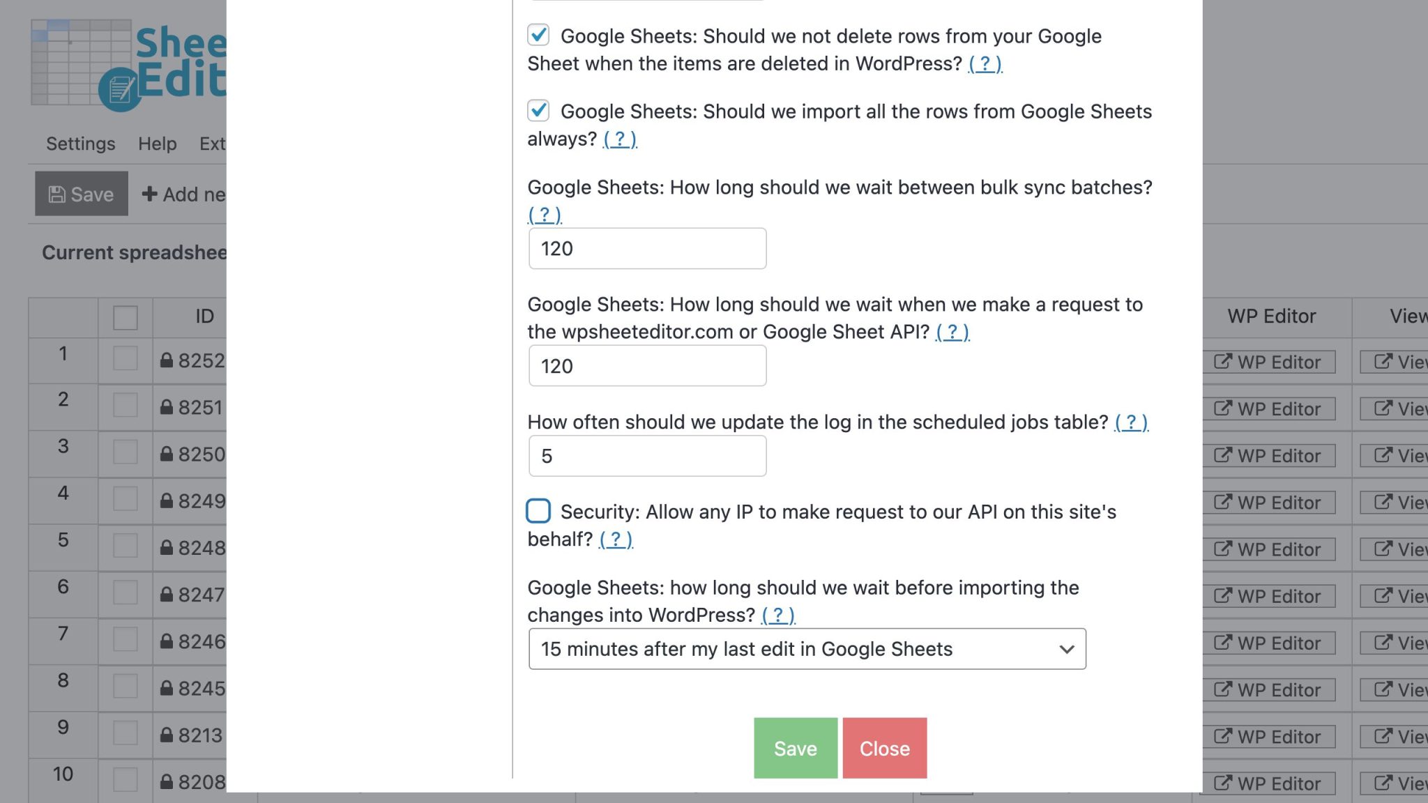 Google Sheets Sync: Advanced settings - WP Sheet Editor