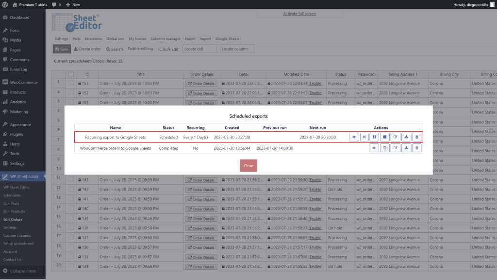 WooCommerce Orders - Recurring Exports to Google Sheets - WP Sheet Editor