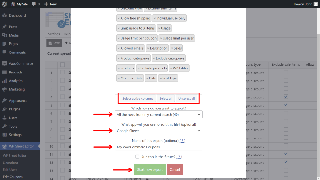 How to Export WooCommerce Coupons to Google Sheets - WP Sheet Editor