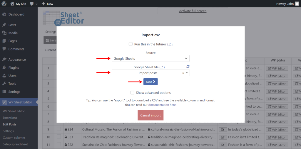 How to Import WordPress Posts from Google Sheets - WP Sheet Editor