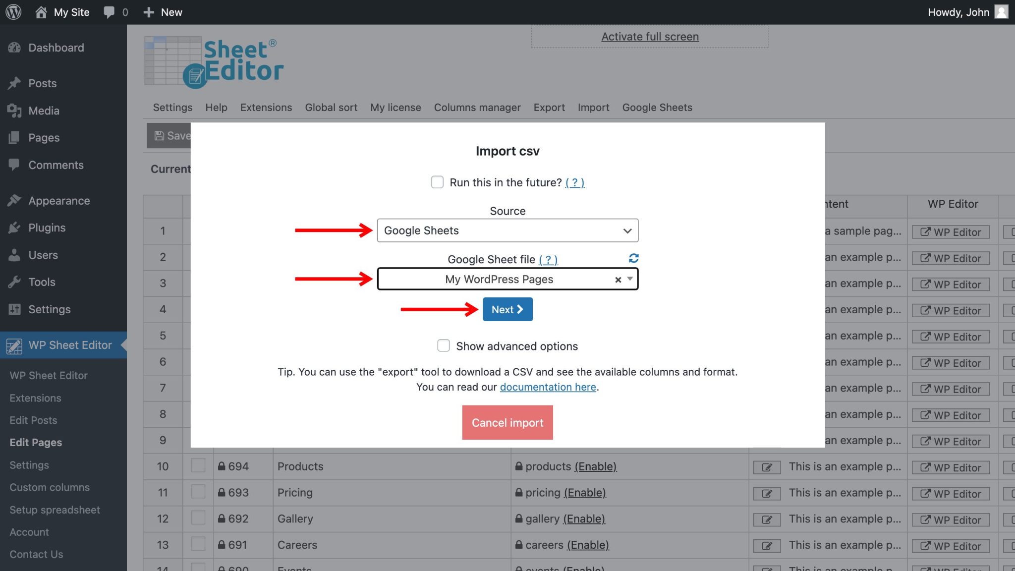 WordPress - Export and Import Pages with Google Sheets - WP Sheet Editor