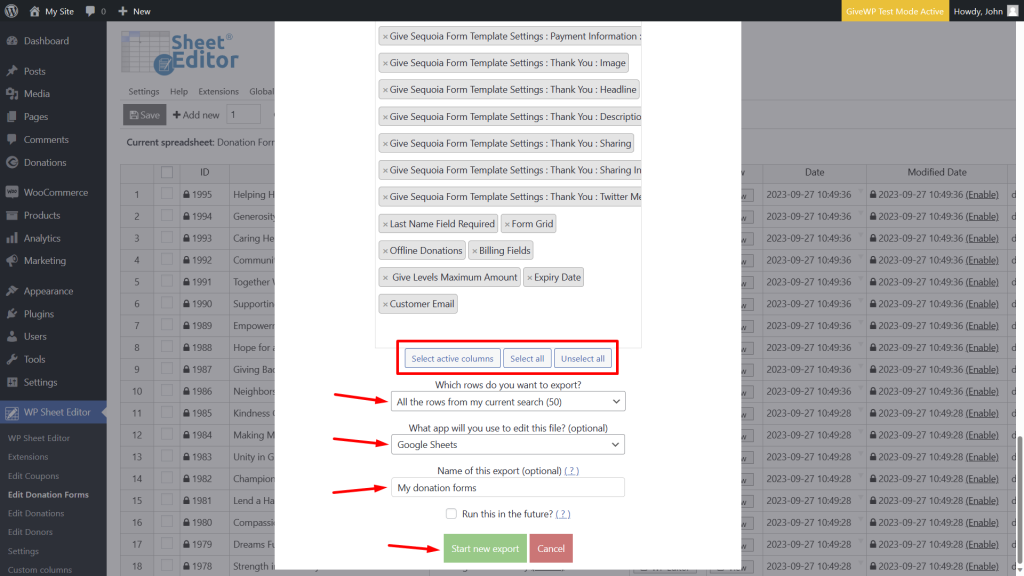 GiveWP - How to Export Donation Forms to Google Sheets - WP Sheet Editor