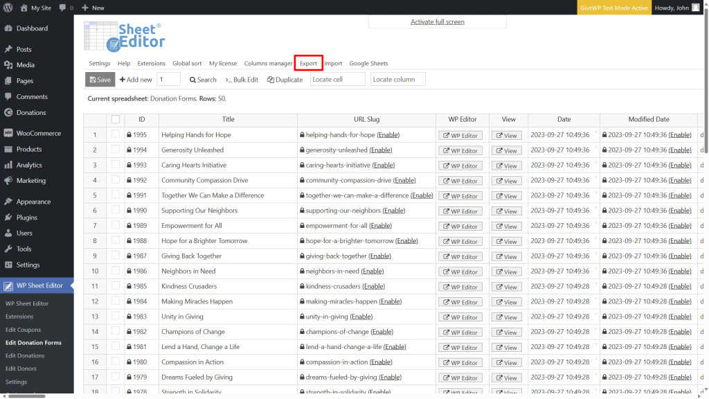 GiveWP - How to Export Donation Forms to Google Sheets - WP Sheet Editor