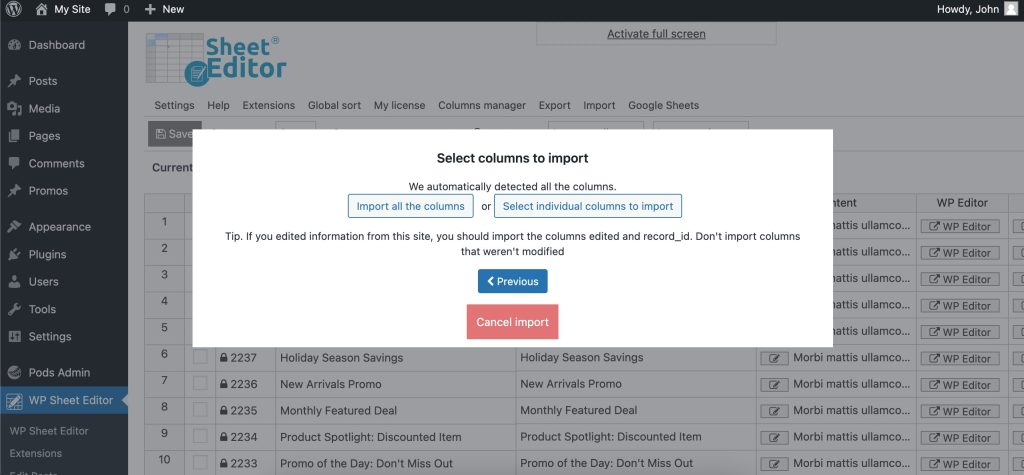 PODS: Export and Import Custom Post Types with Google Sheets - WP Sheet Editor