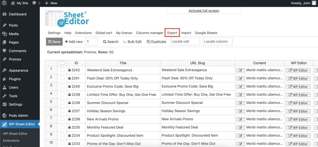 PODS: Export and Import Custom Post Types with Google Sheets - WP Sheet Editor