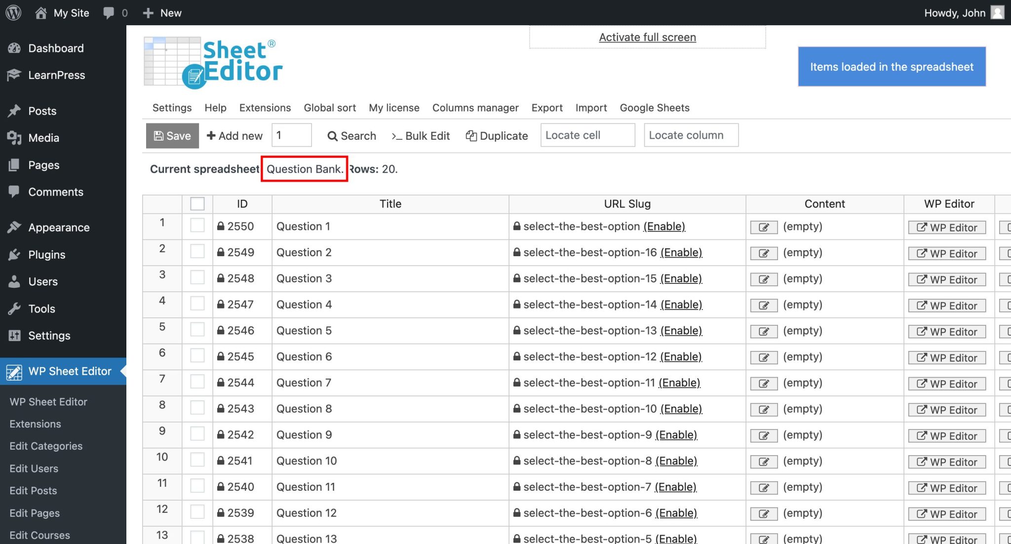 LearnPress - Export and Import Content with Google Sheets - WP Sheet Editor