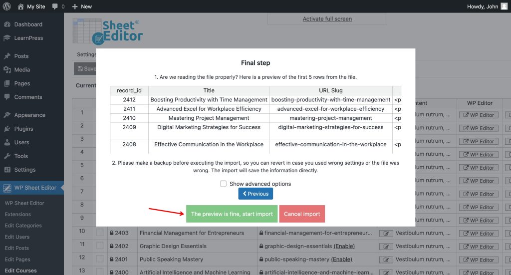 LearnPress - Export and Import Content with Google Sheets - WP Sheet Editor