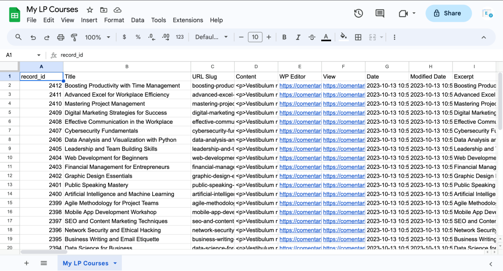 LearnPress - Export and Import Content with Google Sheets - WP Sheet Editor