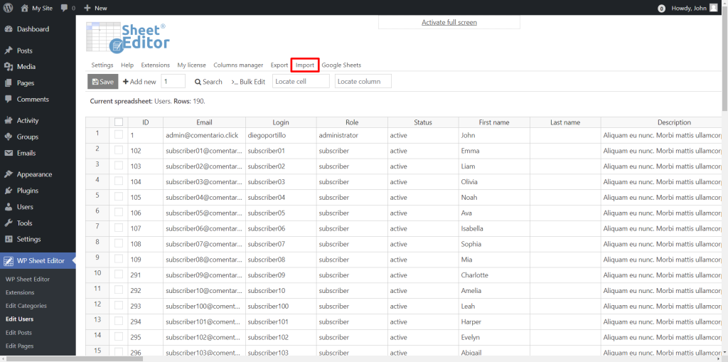 BuddyPress - Export and Import User Data with Google Sheets - WP Sheet Editor