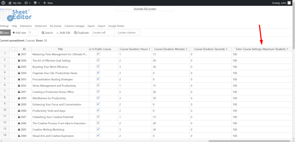 Tutor LMS - How to Bulk Edit Courses in a Spreadsheet - WP Sheet Editor