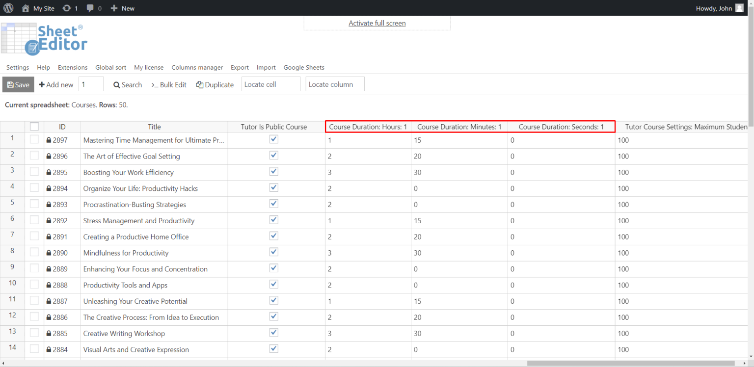 Tutor LMS - How to Bulk Edit Courses in a Spreadsheet - WP Sheet Editor