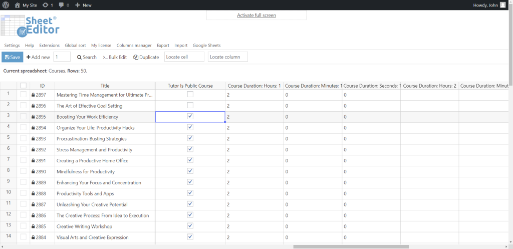 Tutor LMS - How to Bulk Edit Courses in a Spreadsheet - WP Sheet Editor