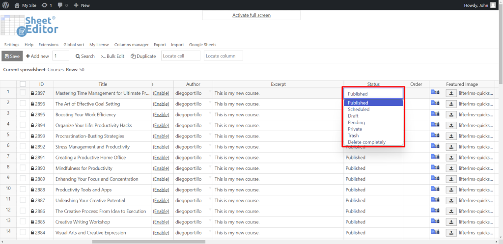 Tutor LMS - How to Bulk Edit Courses in a Spreadsheet - WP Sheet Editor