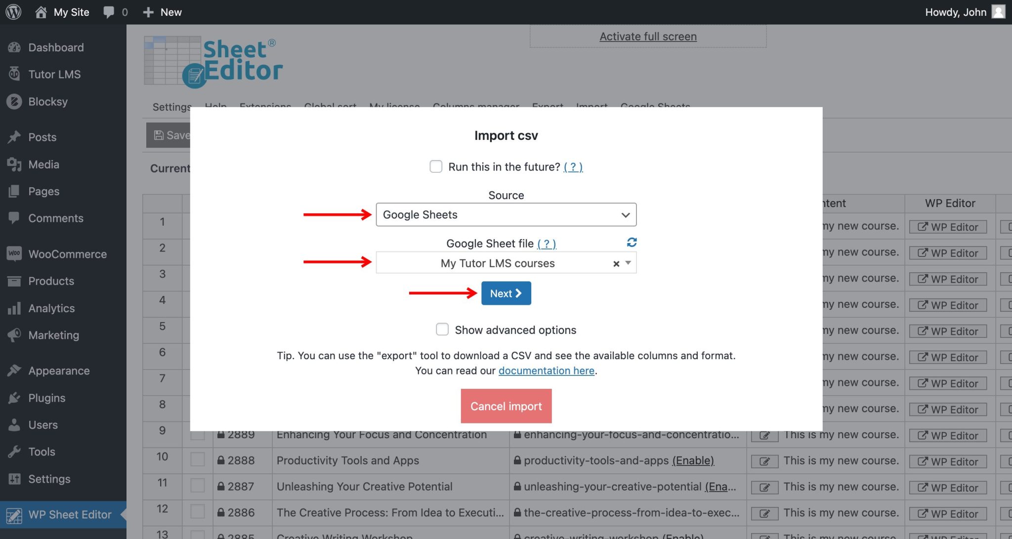 Tutor LMS - Export and Import Courses with Google Sheets - WP Sheet Editor