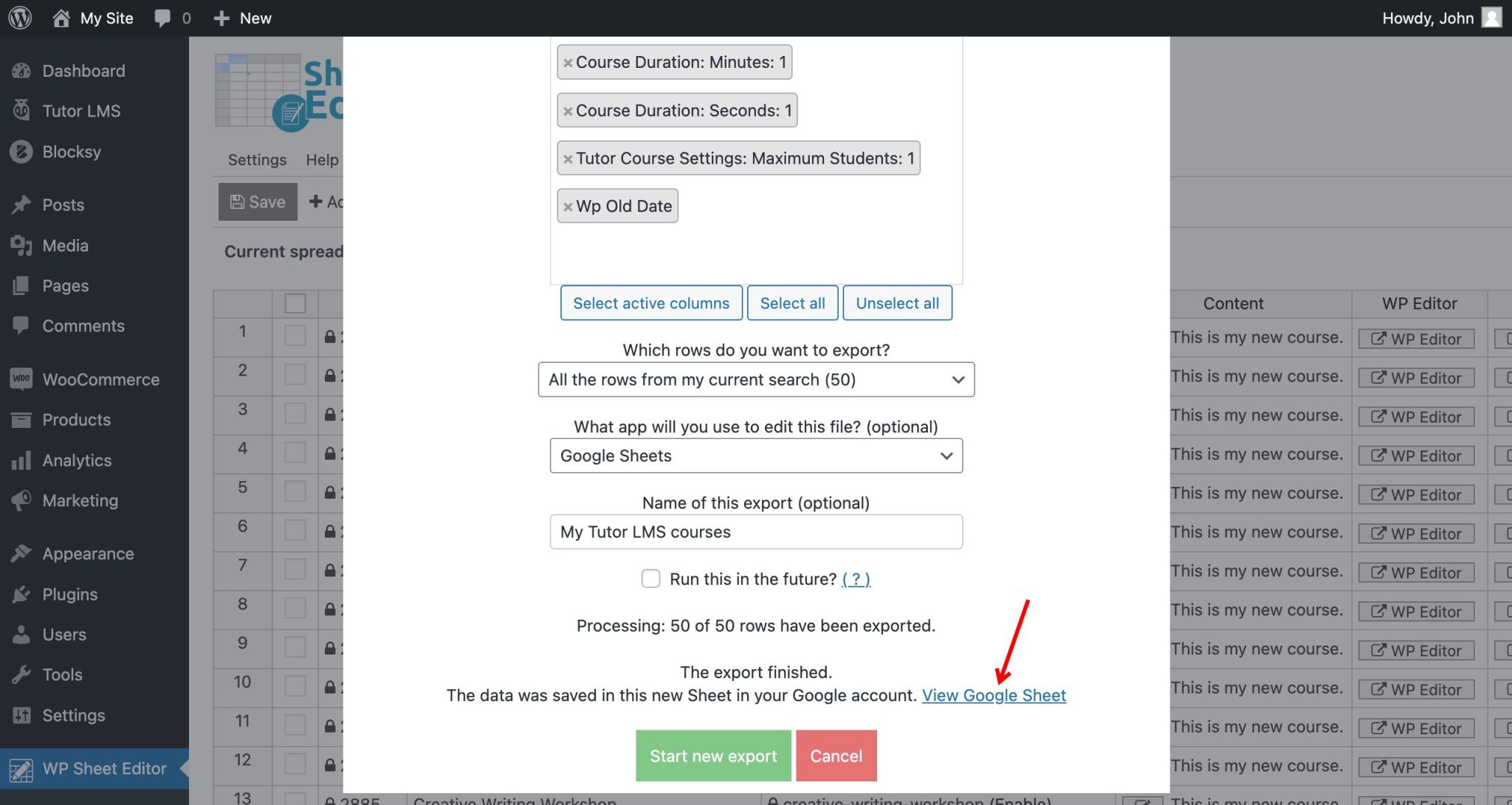 Tutor LMS - Export and Import Courses with Google Sheets - WP Sheet Editor