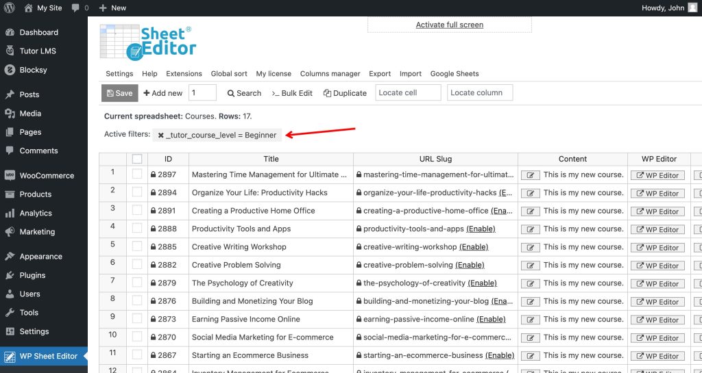 Tutor LMS - How to Bulk Edit Courses in a Spreadsheet - WP Sheet Editor