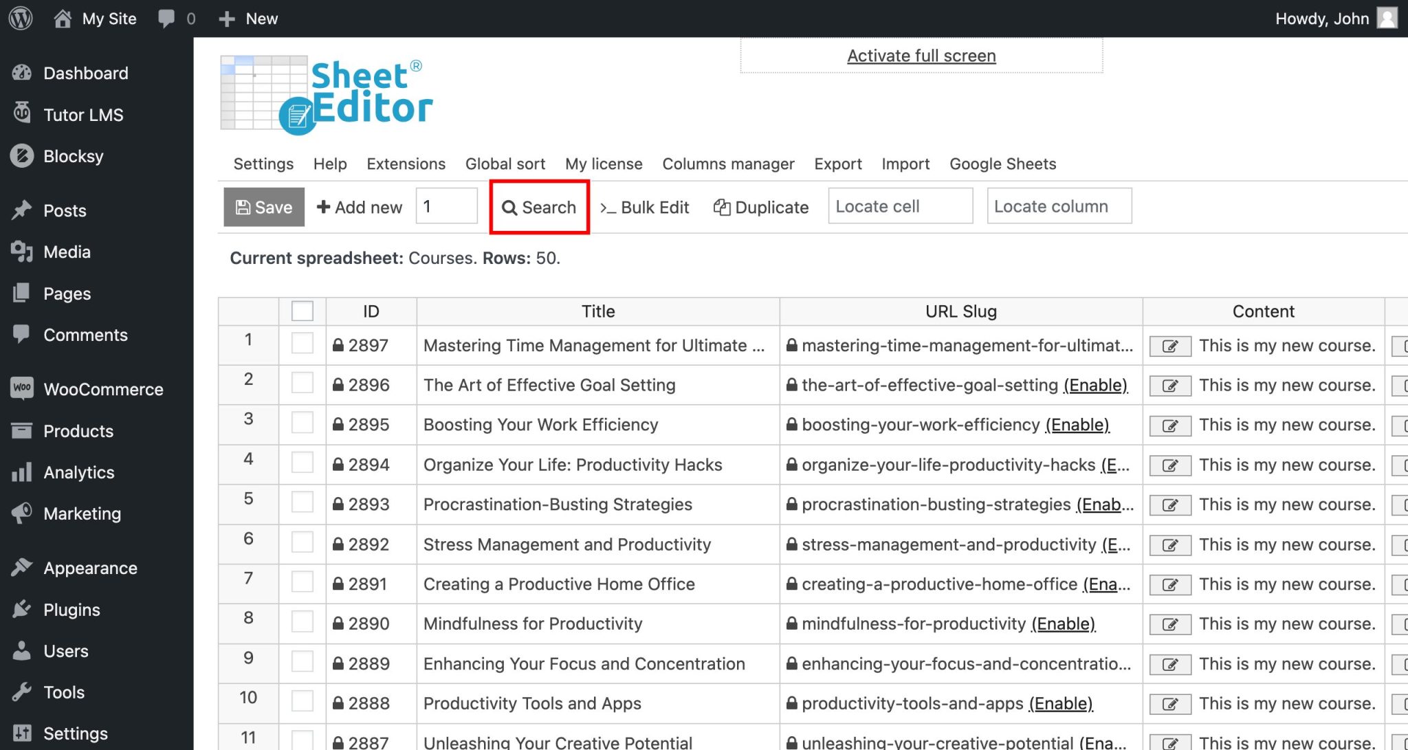 Tutor LMS - How to Bulk Edit Courses in a Spreadsheet - WP Sheet Editor