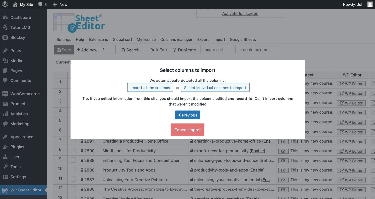 Tutor LMS - How to Export and Import Courses using CSV - WP Sheet Editor