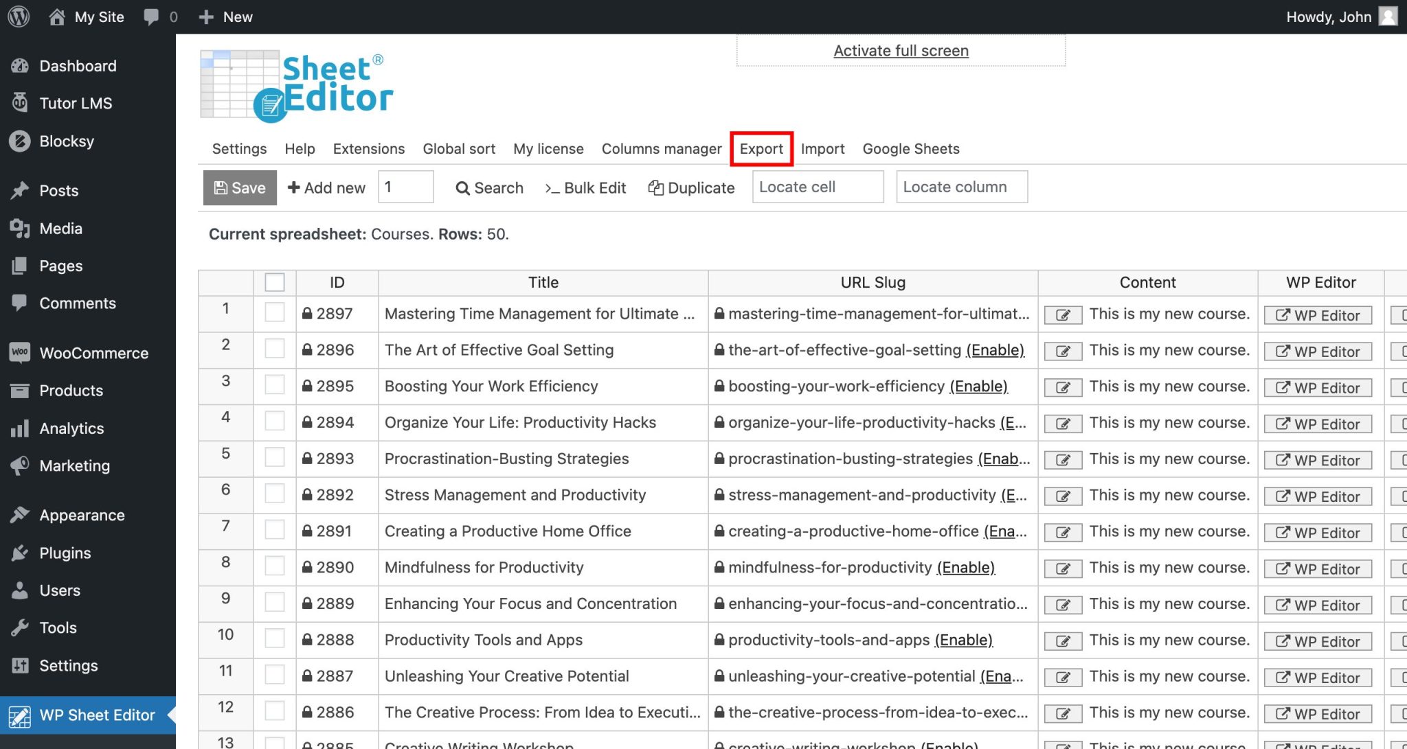 Tutor LMS - How to Export and Import Courses using CSV - WP Sheet Editor