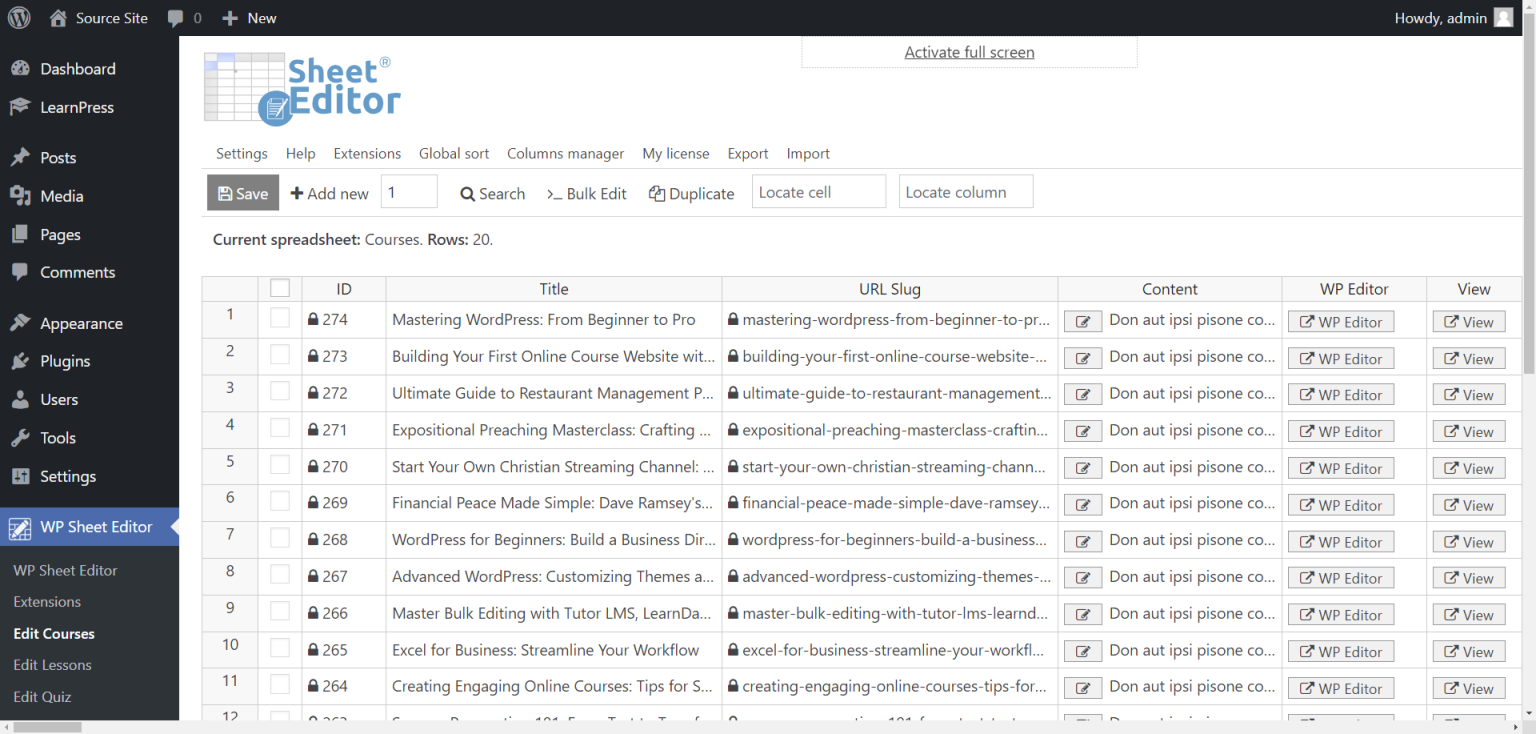 LearnPress - Migrate Courses, Lessons, Quizzes and Questions - WP Sheet Editor