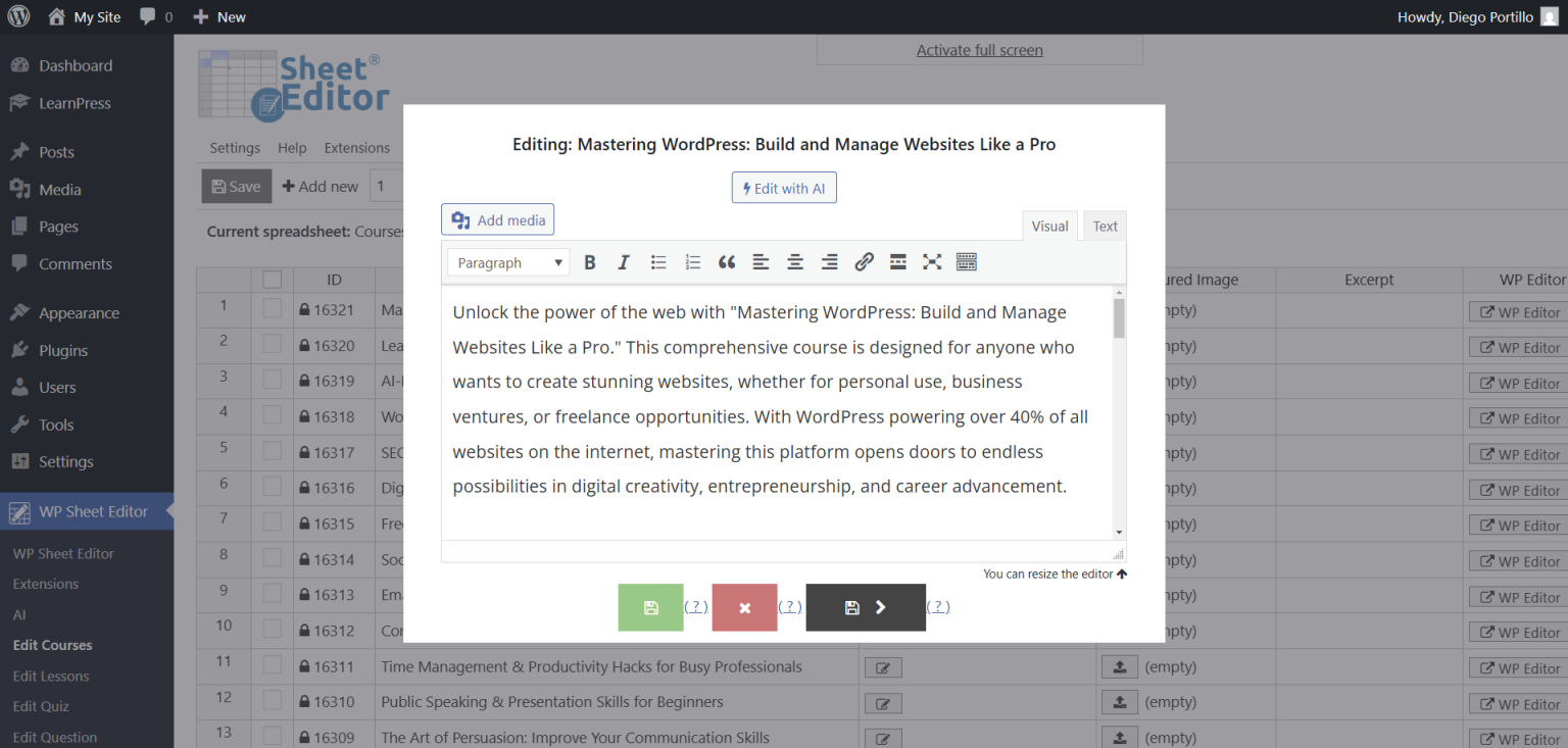 LearnPress: Generate Course Descriptions with AI - WP Sheet Editor