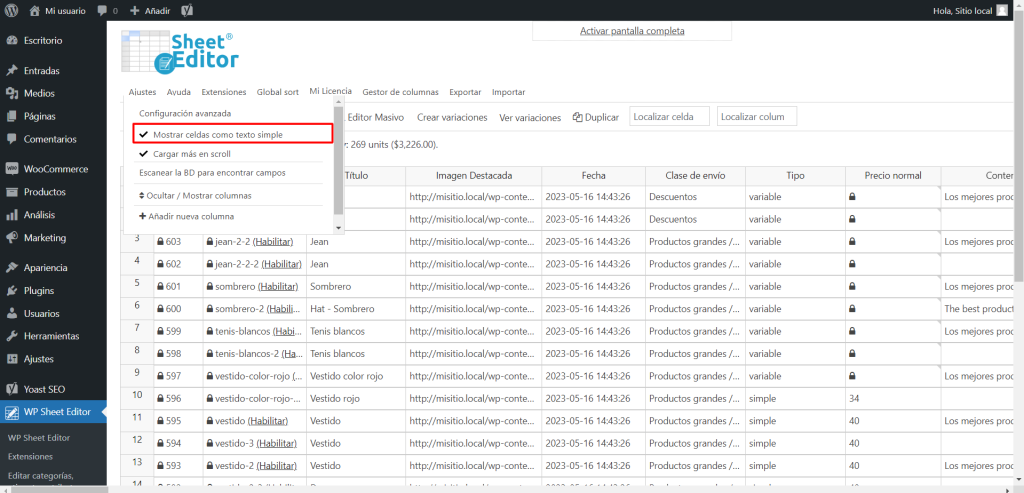 Cómo mostrar celdas como textos simples - WP Sheet Editor en Español
